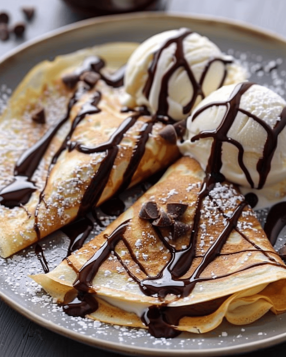 Dessert Crepes with Ice Cream & Chocolate Drizzle - Cooking With Blog