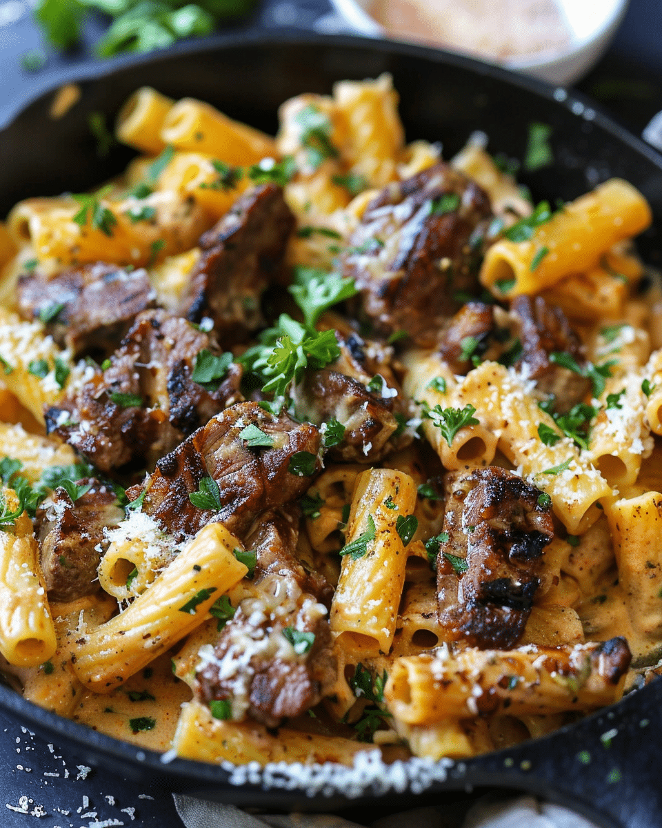 Cajun Steak Tips in Cheesy Rigatoni Parmesan Sauce - Cooking With Blog